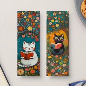 Cat Printable Bookmarks, Bundle of 10 Cute Cats Reading, Folk Art ...