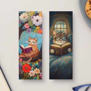 Cat Printable Bookmarks, Bundle of 10 Cute Cats Reading, Folk Art ...
