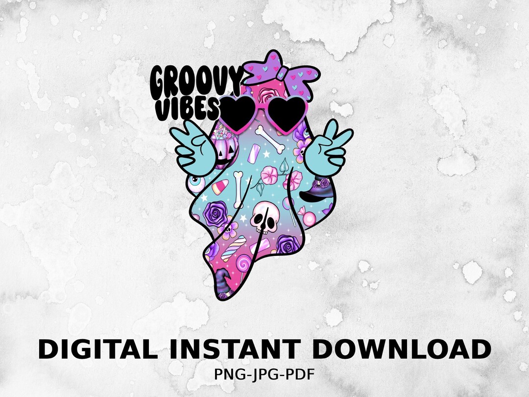 Pastel Groovy Halloween Ghost PNG, Retro Fun Illustration, Peace Sign ...