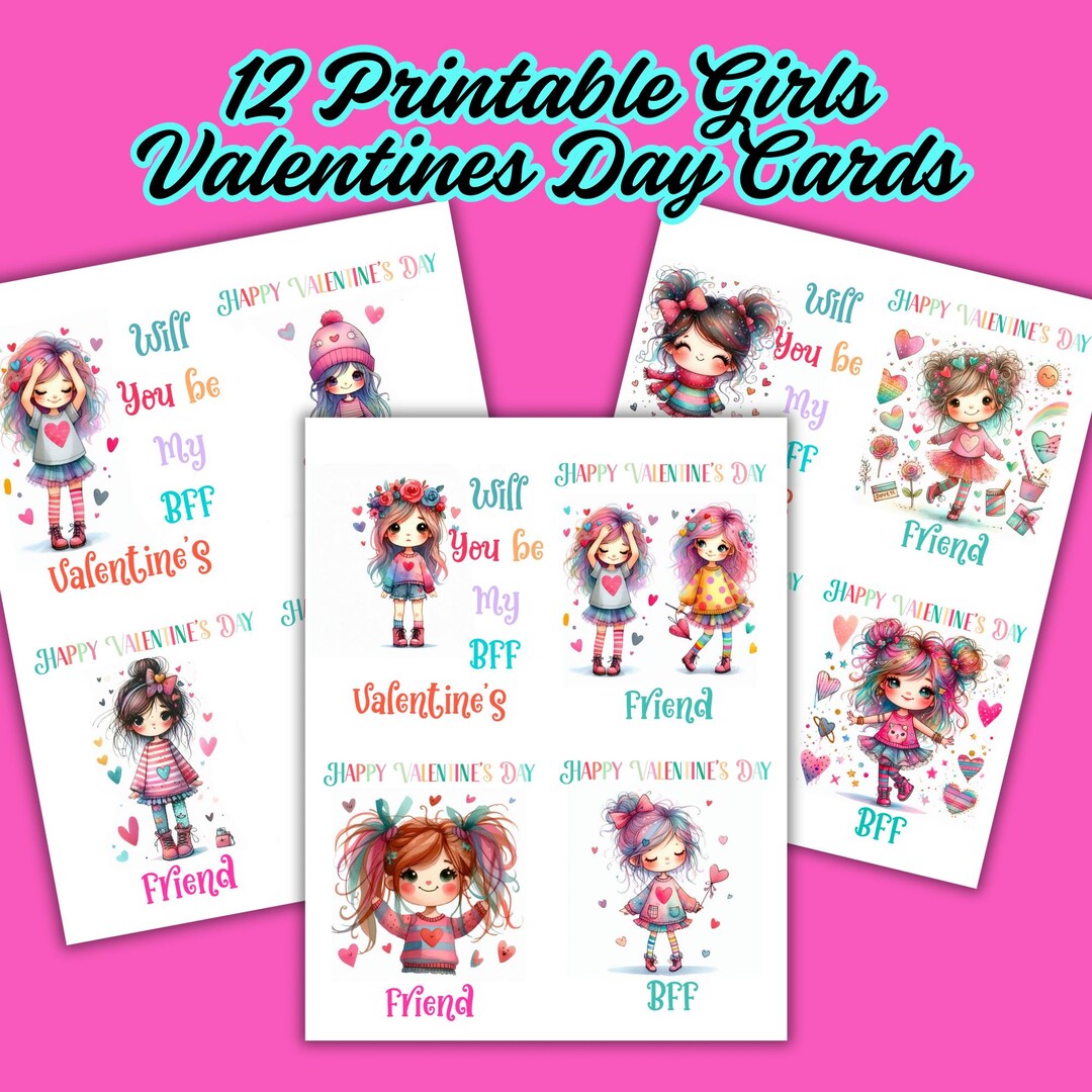 Girls Printable Valentines Day Cards, Bundle of 12 Whimsical Colorful ...