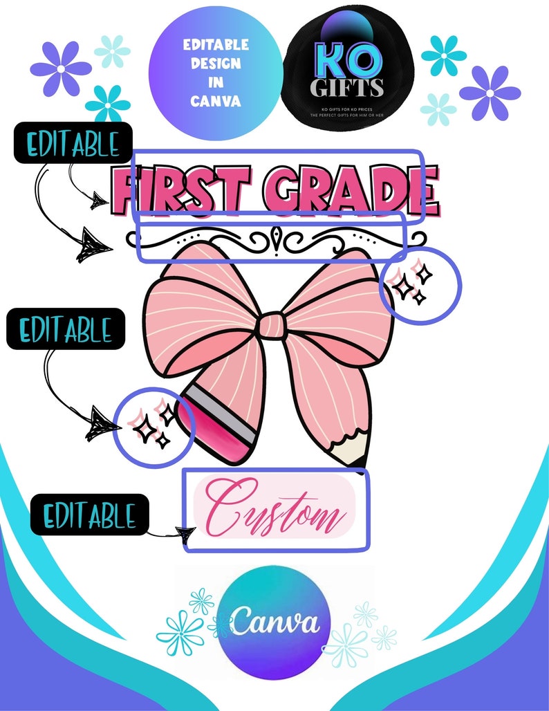 Editable Pencil Bow School Design Template for Girls, Canva Editable ...