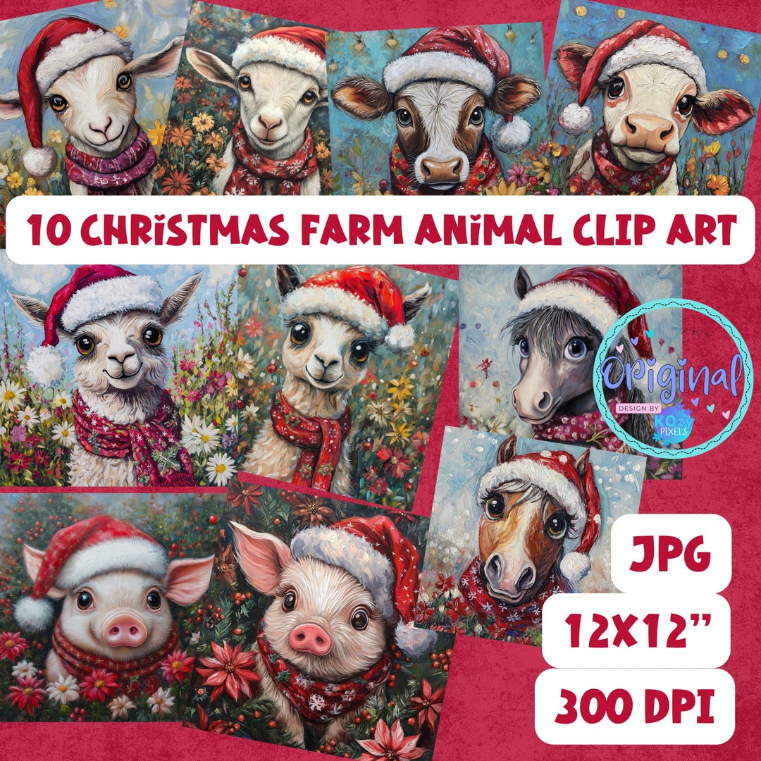 Christmas Farm Animal Clipart, Commercial Use JPG Artwork of Cows ...