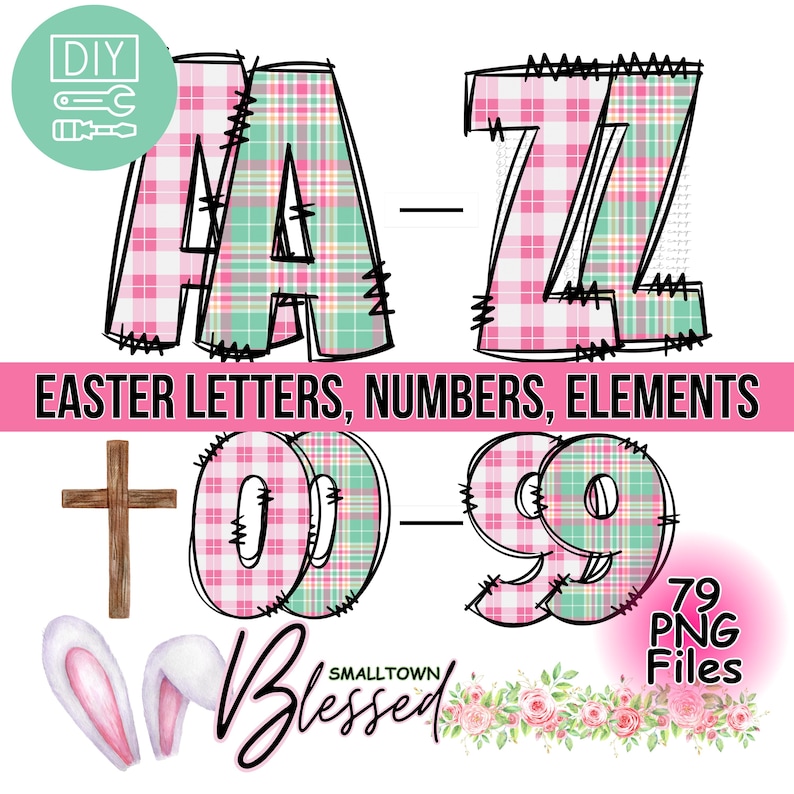 Easter Doodle Numbers & Letters, Pink Plaid Pattern, Create Your Own ...