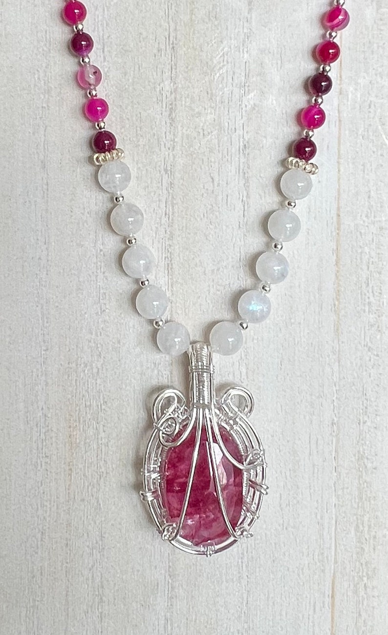 Sterling Silver Ruby Pendant With Rainbow Moonstone and Fuchsia Agate ...