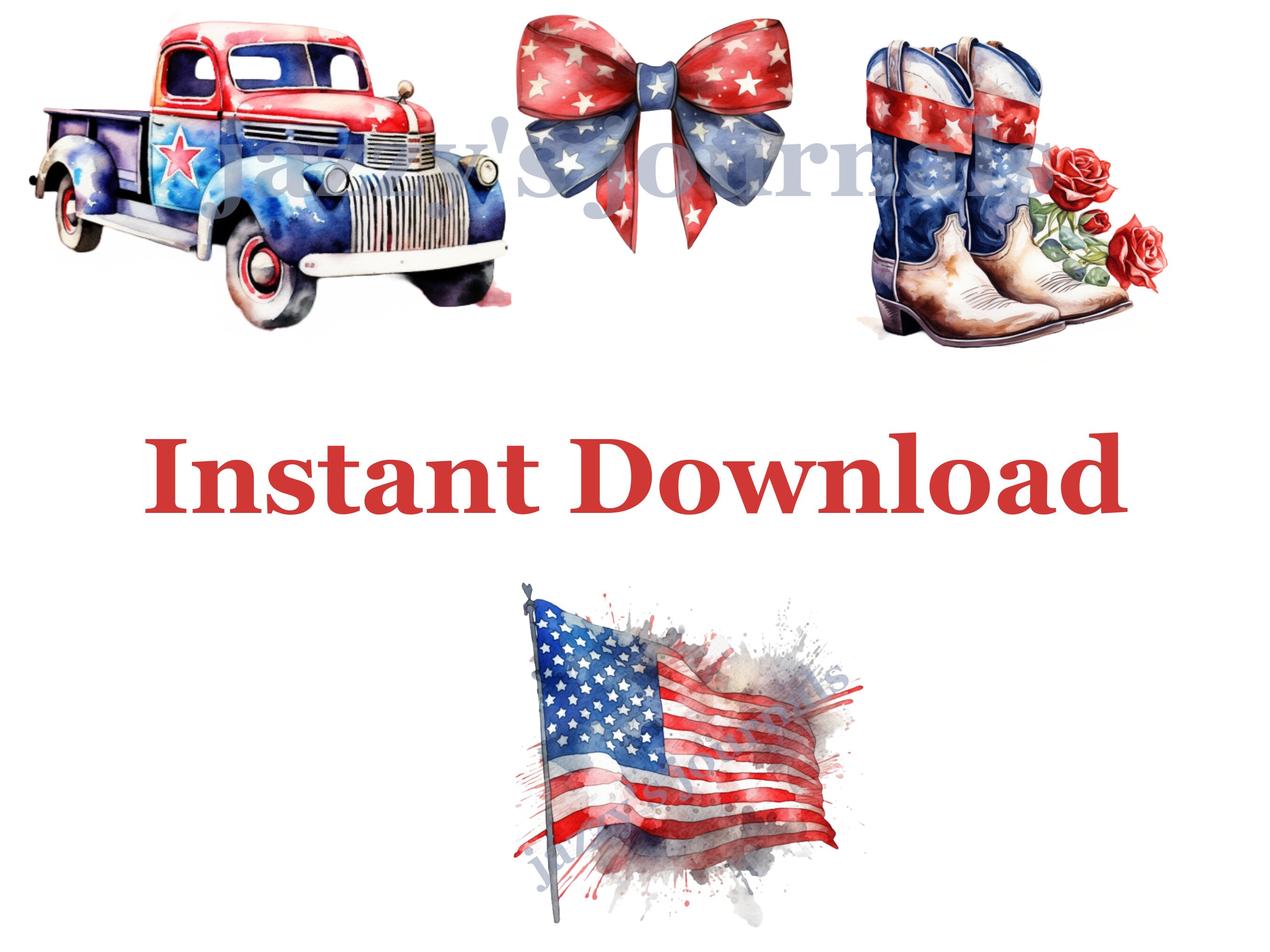 Watercolor July 4th Clipart PNG Digital Image Downloads for Card Making ...