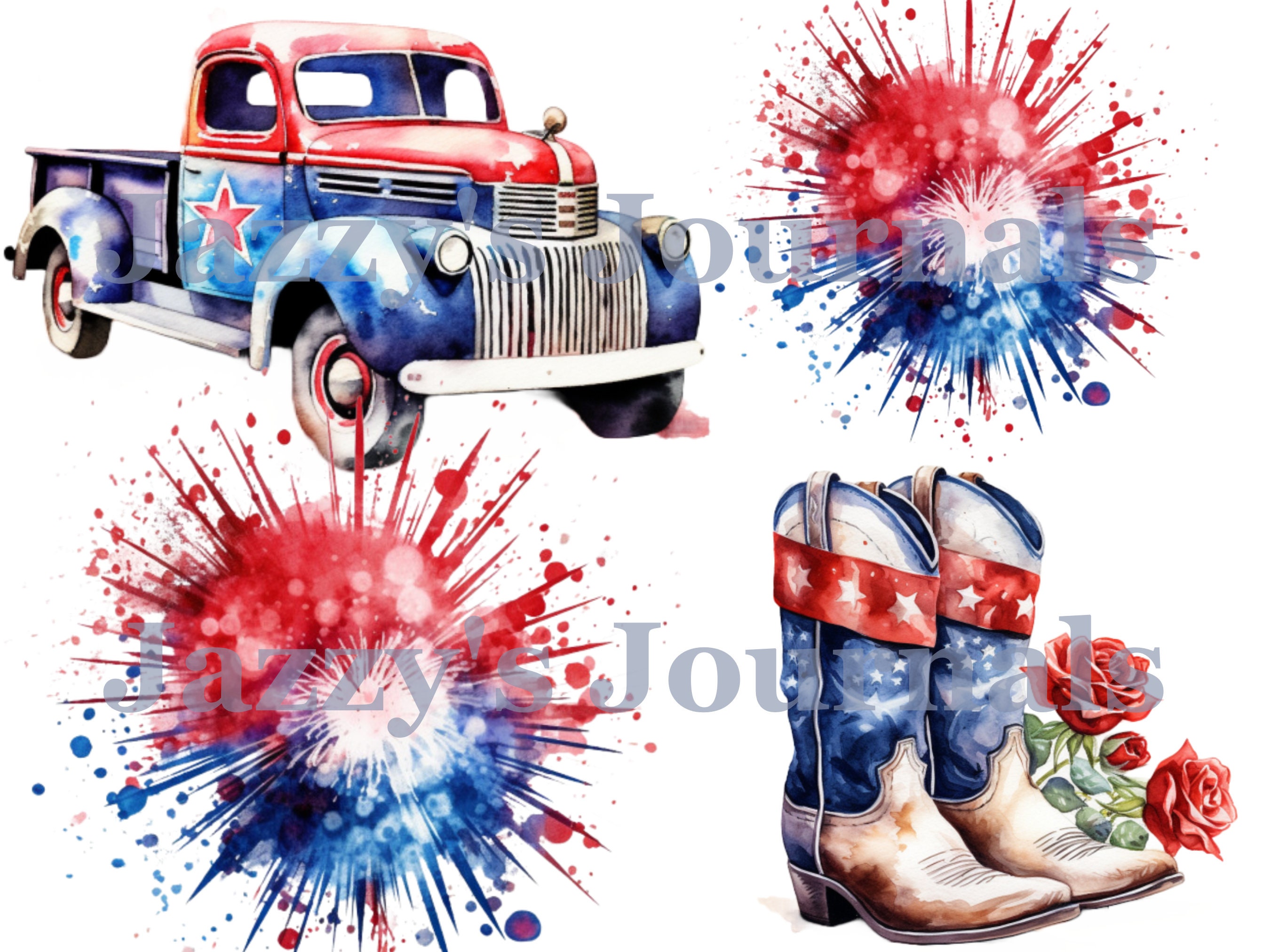 Watercolor July 4th Clipart PNG Digital Image Downloads for Card Making ...