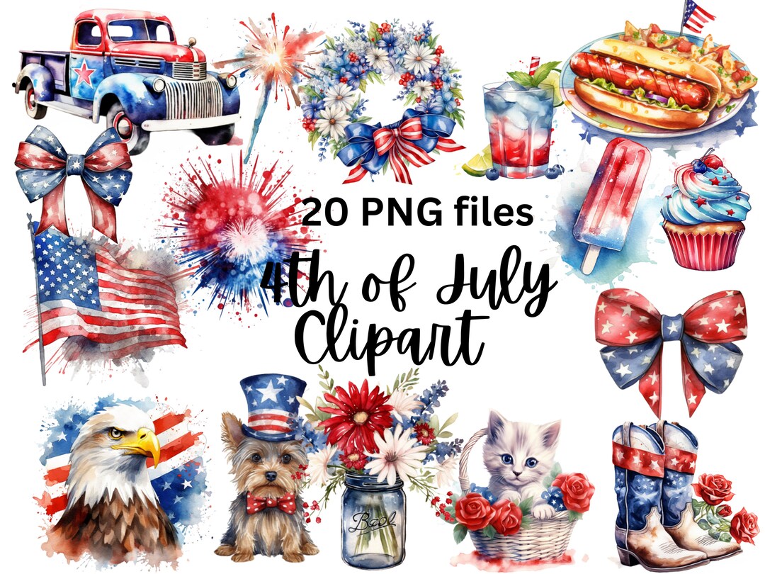 Watercolor July 4th Clipart PNG Digital Image Downloads for Card Making ...