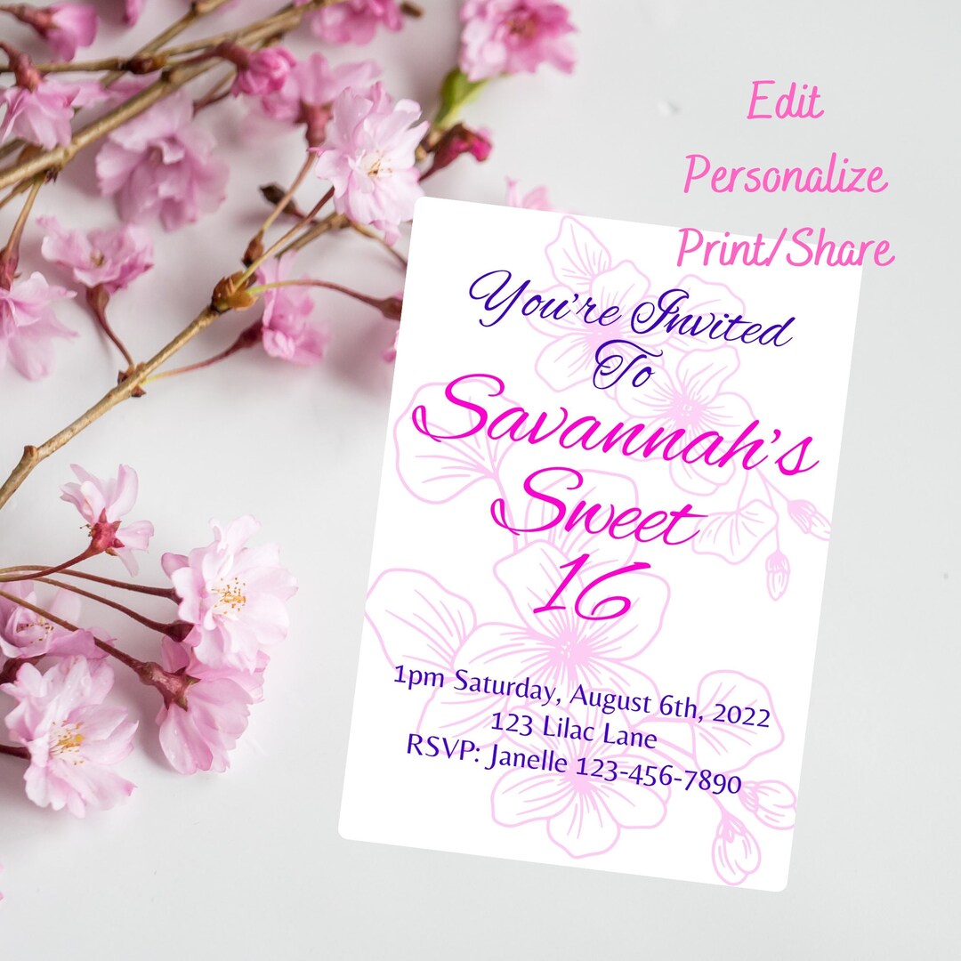Editable Pink Floral Birthday Invitation, Printable Children's Modern ...