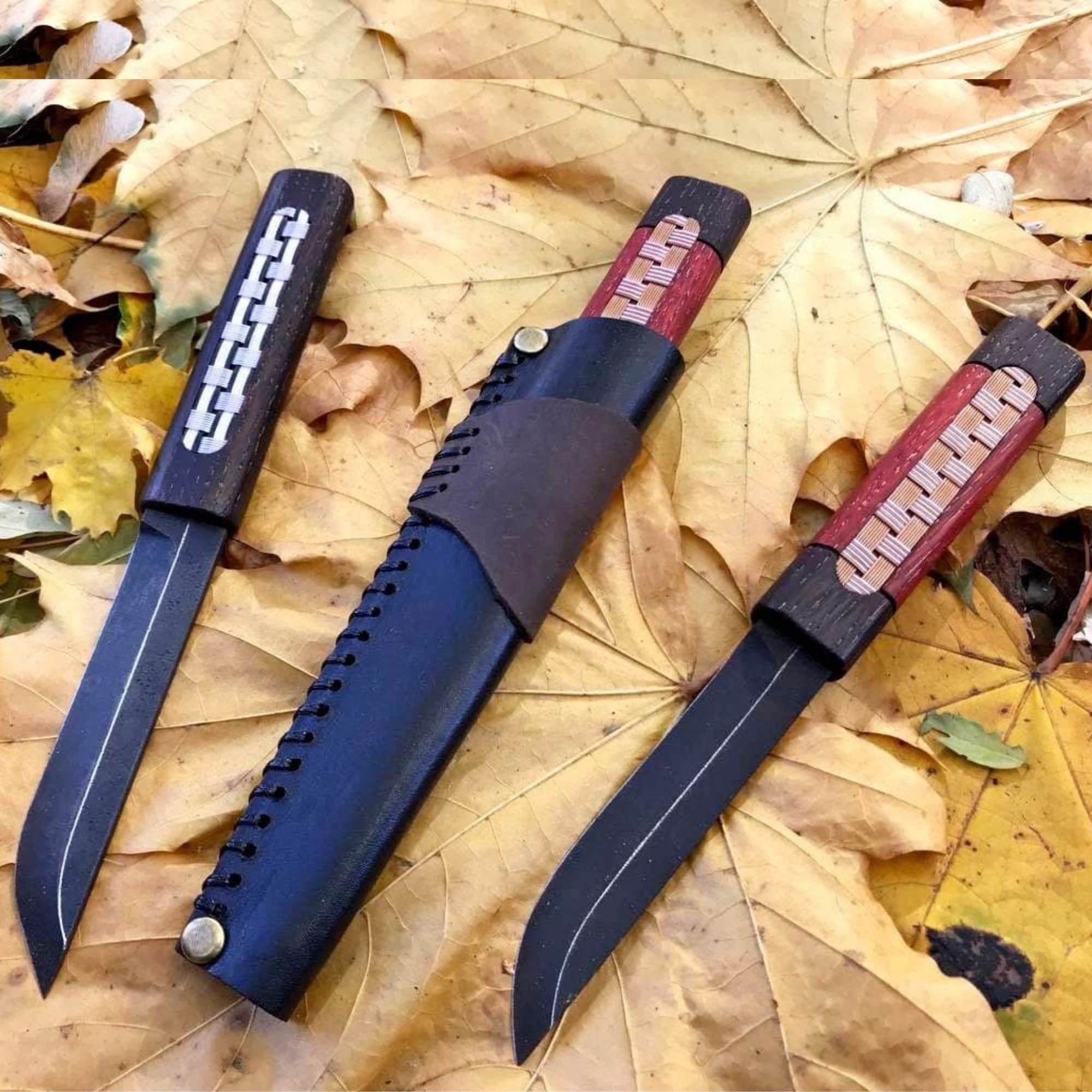 Custom Fixed Blade Knife and Sheath. Sharp Hunting Knife Wooden Handle ...