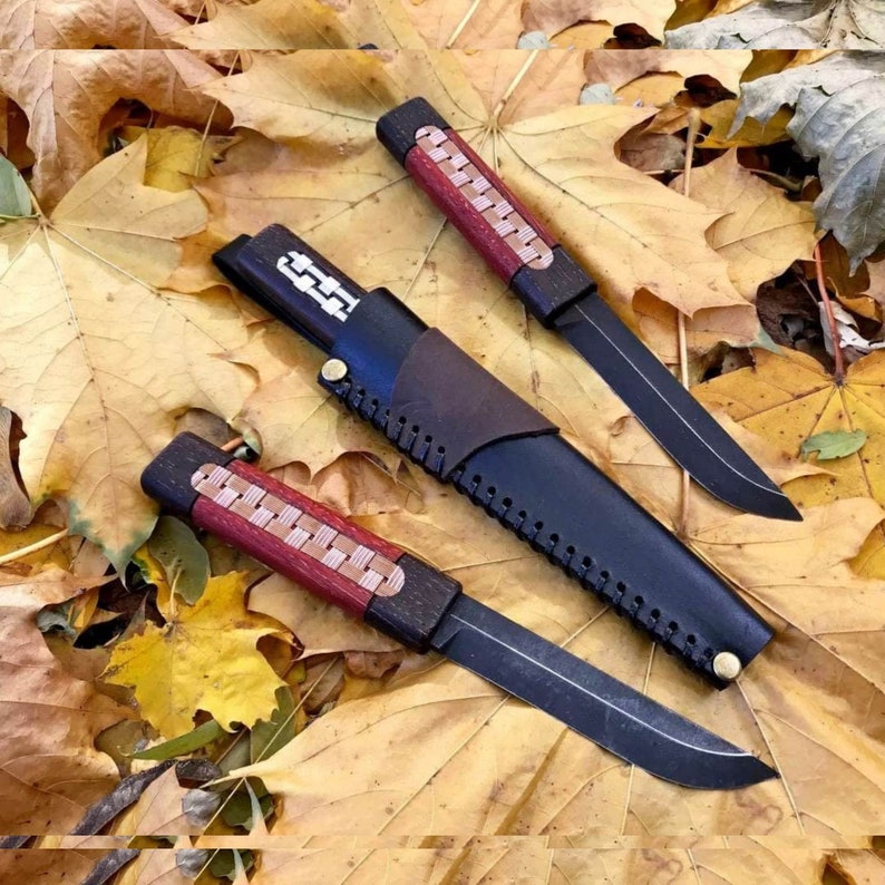 Custom Fixed Blade Knife and Sheath. Sharp Hunting Knife Wooden Handle ...