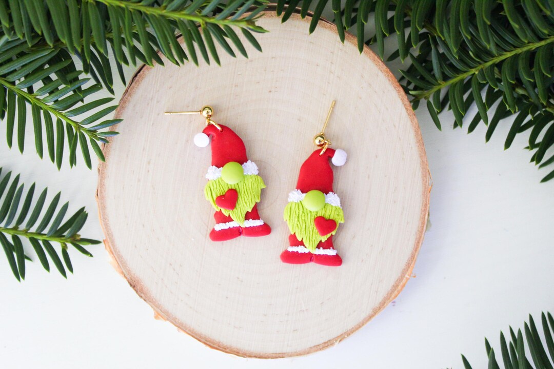 Grinch Inspired Gnome Clay Earrings | Christmas Polymer Clay Earrings ...