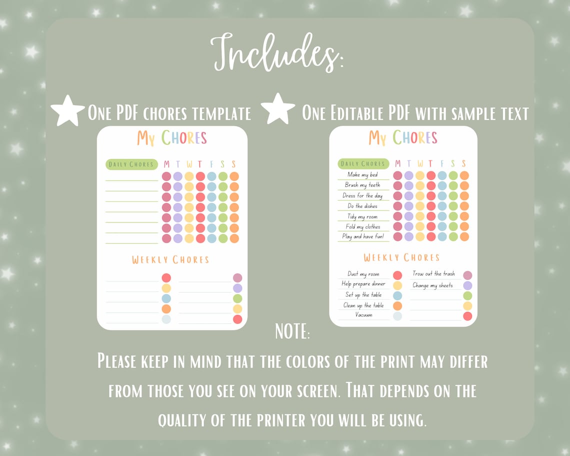 Kids Chore Chart Editable Kids Chore Chart Printable Chore - Etsy