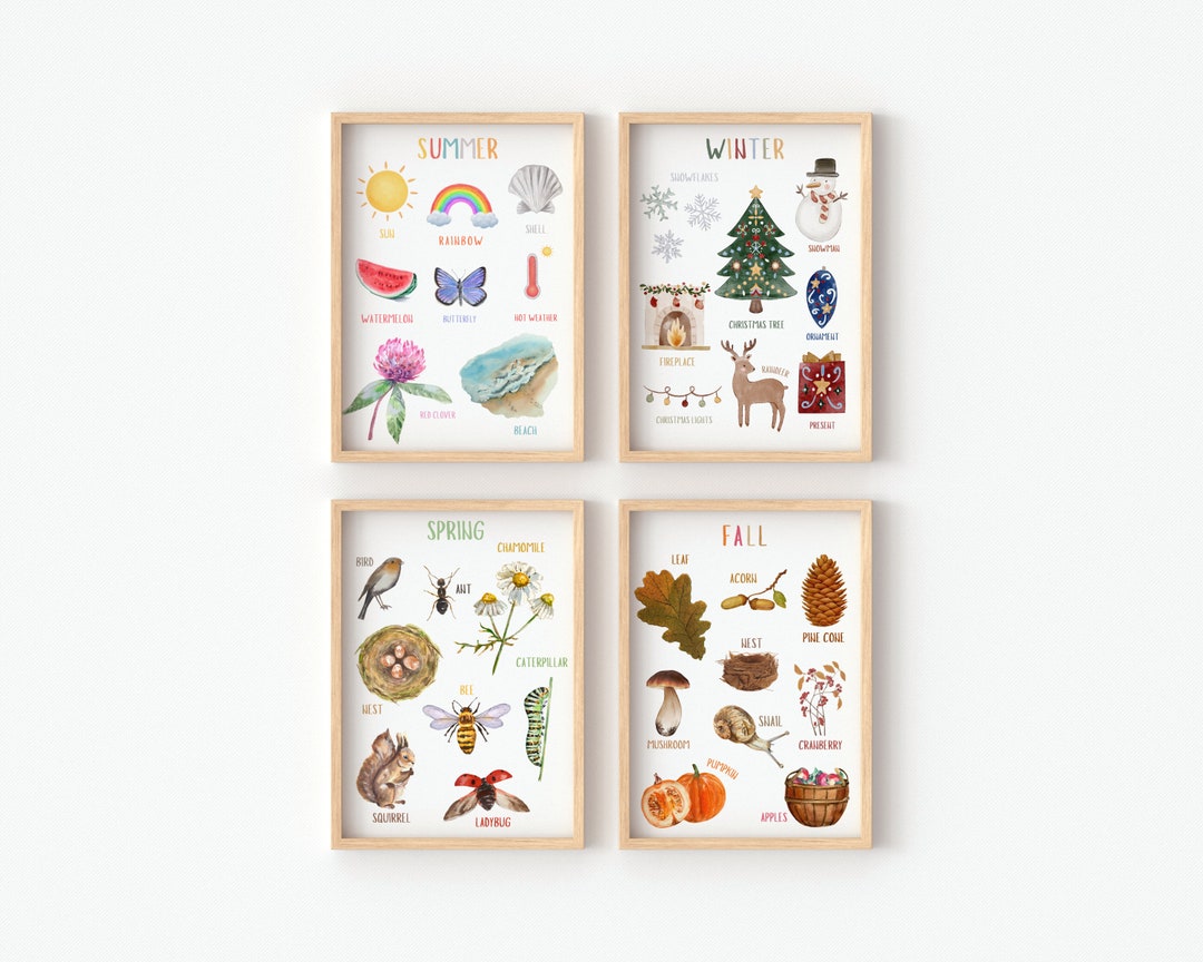 Set of 4 Educational Posters Seasons Posters Kids Wall Art Montessori ...