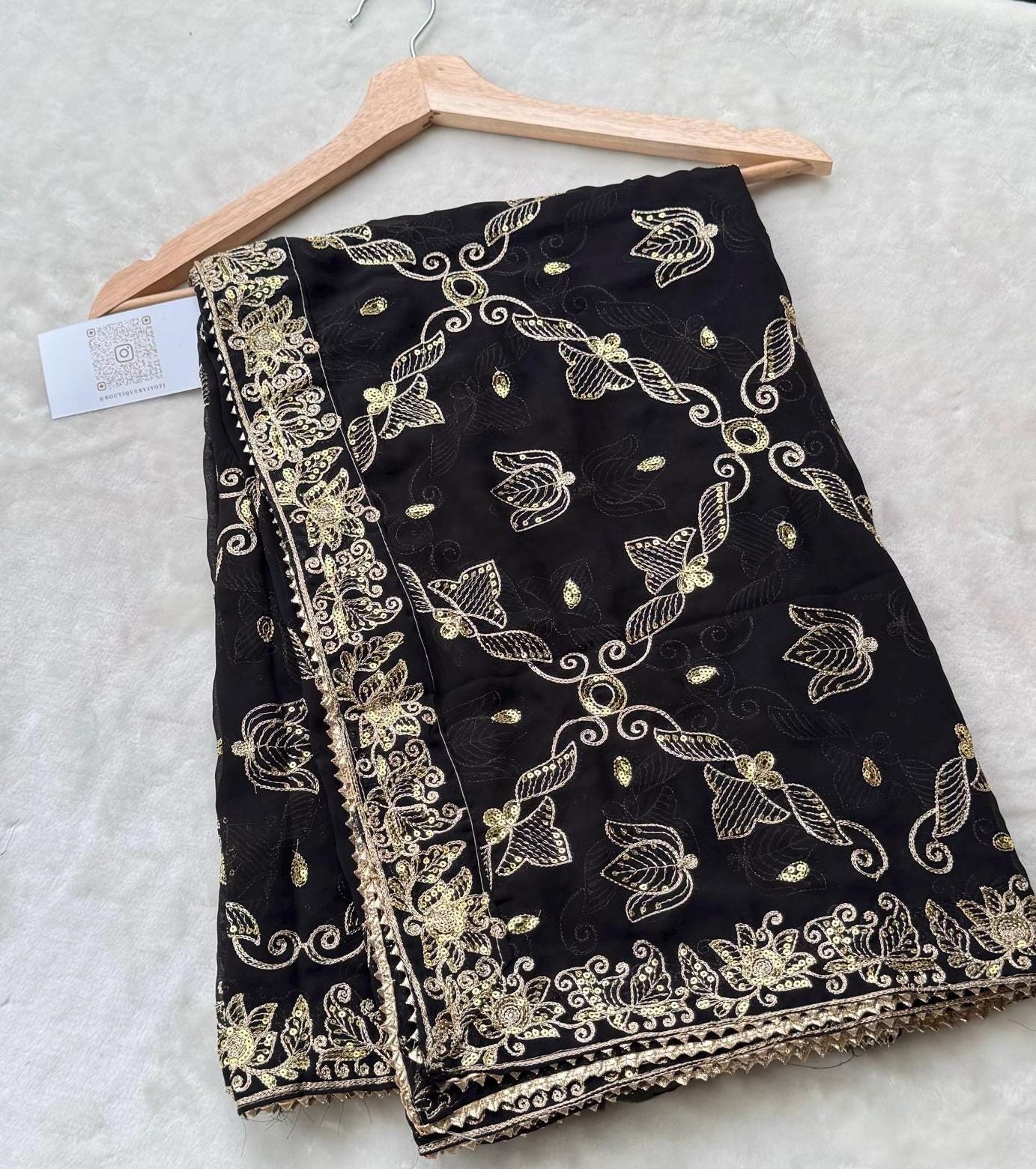Vintage Style Dupatta, Gorgette Duppata With Sequin Golden Work ...