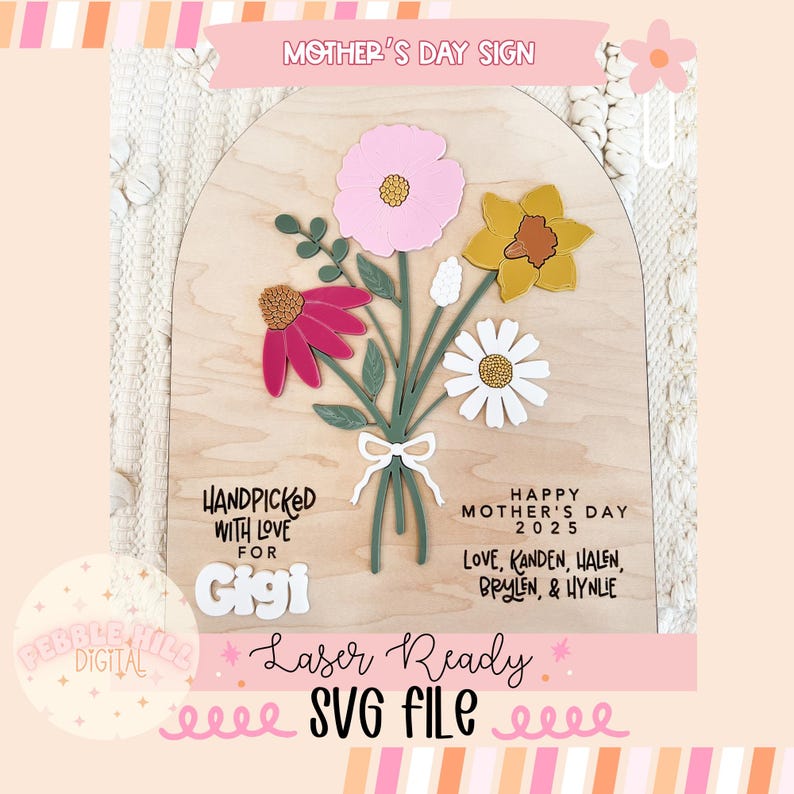 Flower Bouquet Mother's Day Sign SVG File, Kids Mothers Day Laser SVG ...