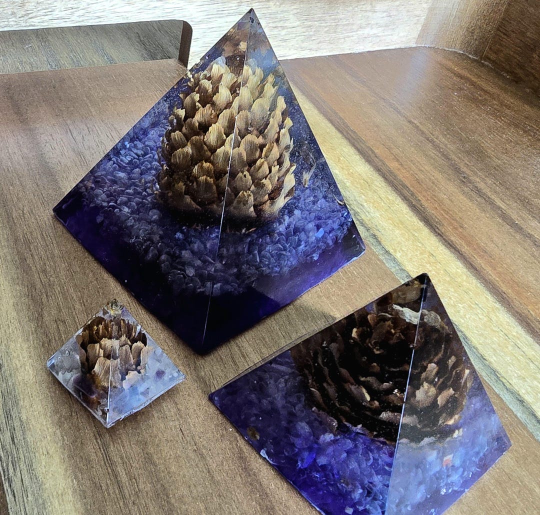 Resin Pyramid Set of Three Purple Pyramids With Pinecone, Real Amethyst ...