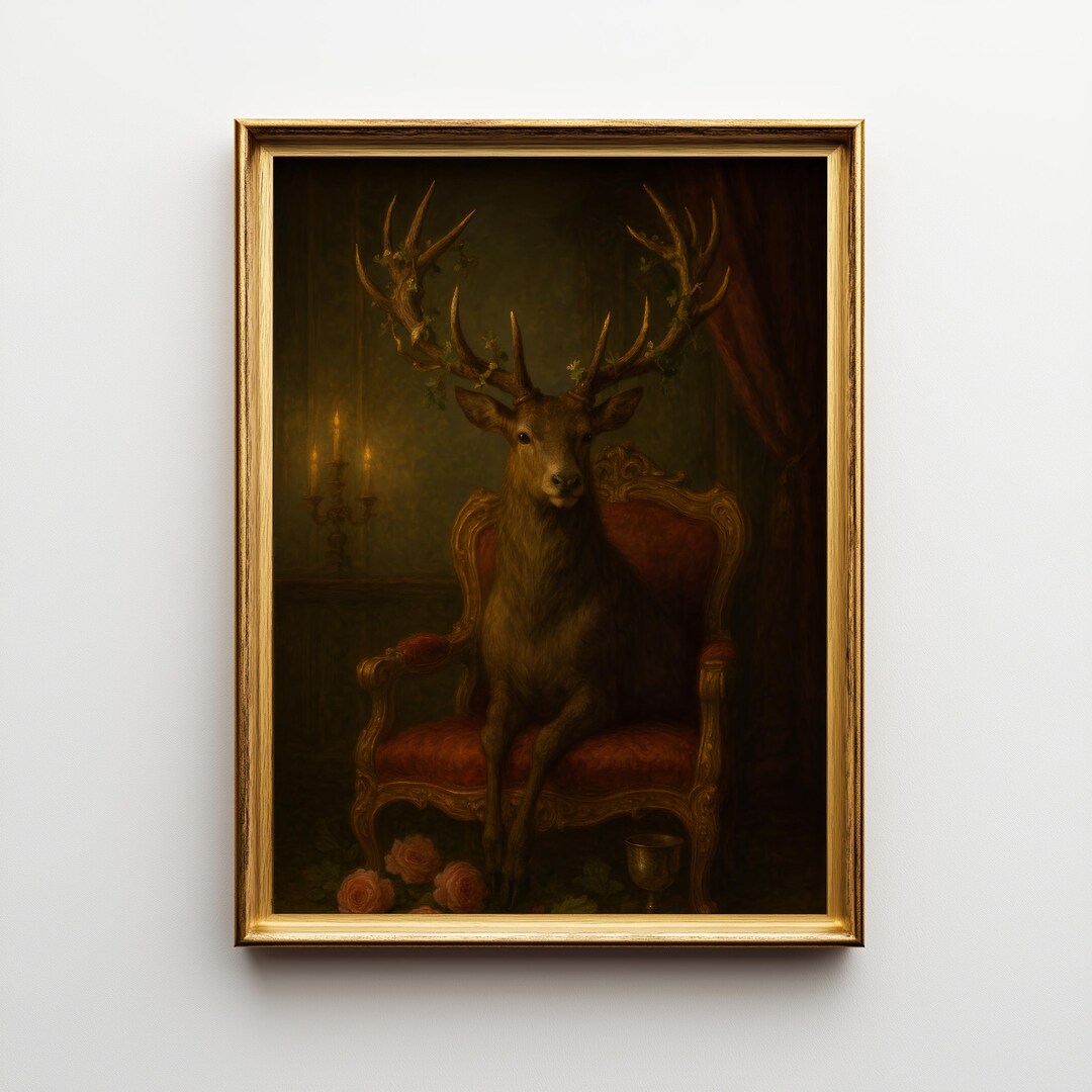 Majestic Stag King Portrait – Regal Deer on Throne, Antique Style Wall ...