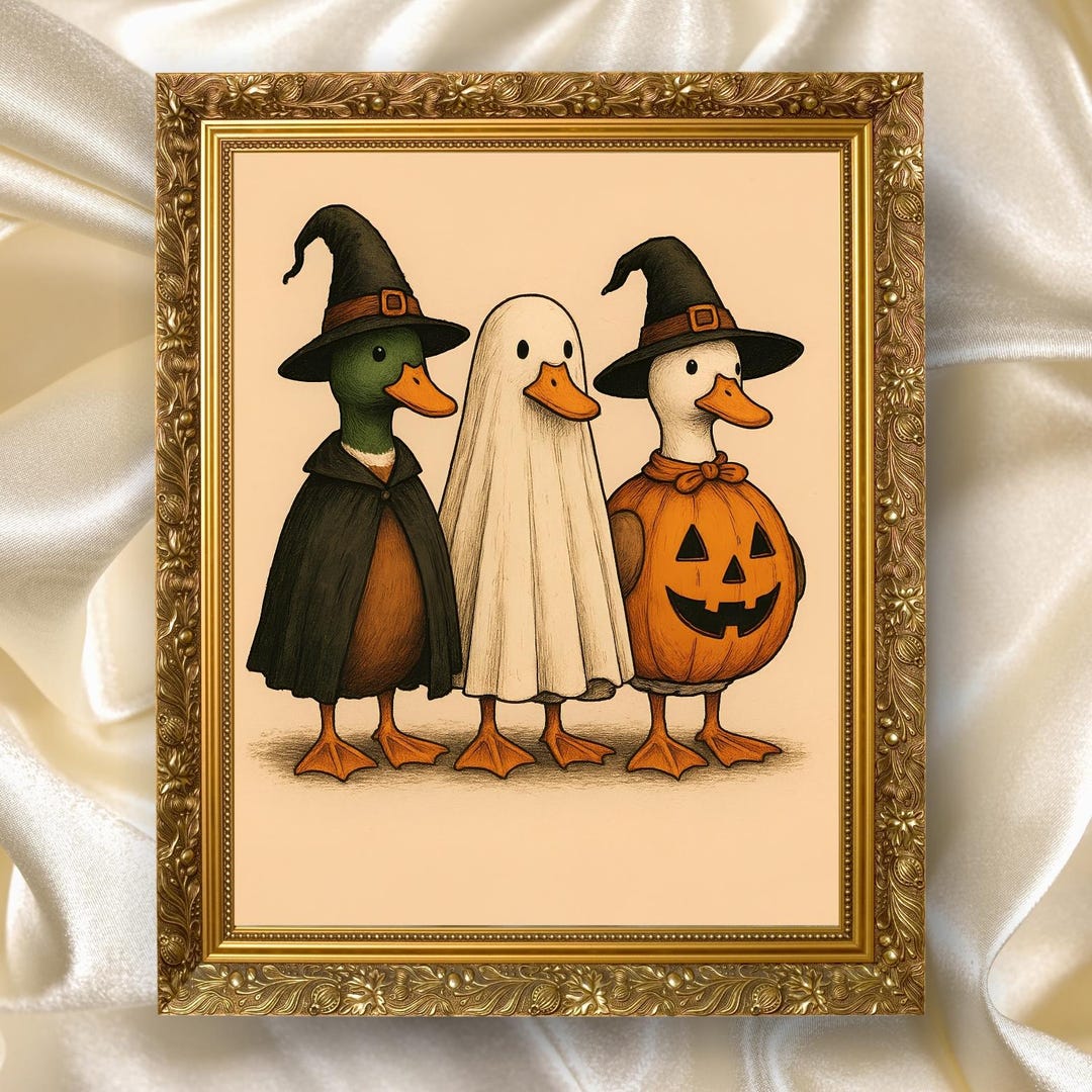 Vintage Halloween Geese Print, Cute Witch, Ghost & Pumpkin Sketch Fall ...