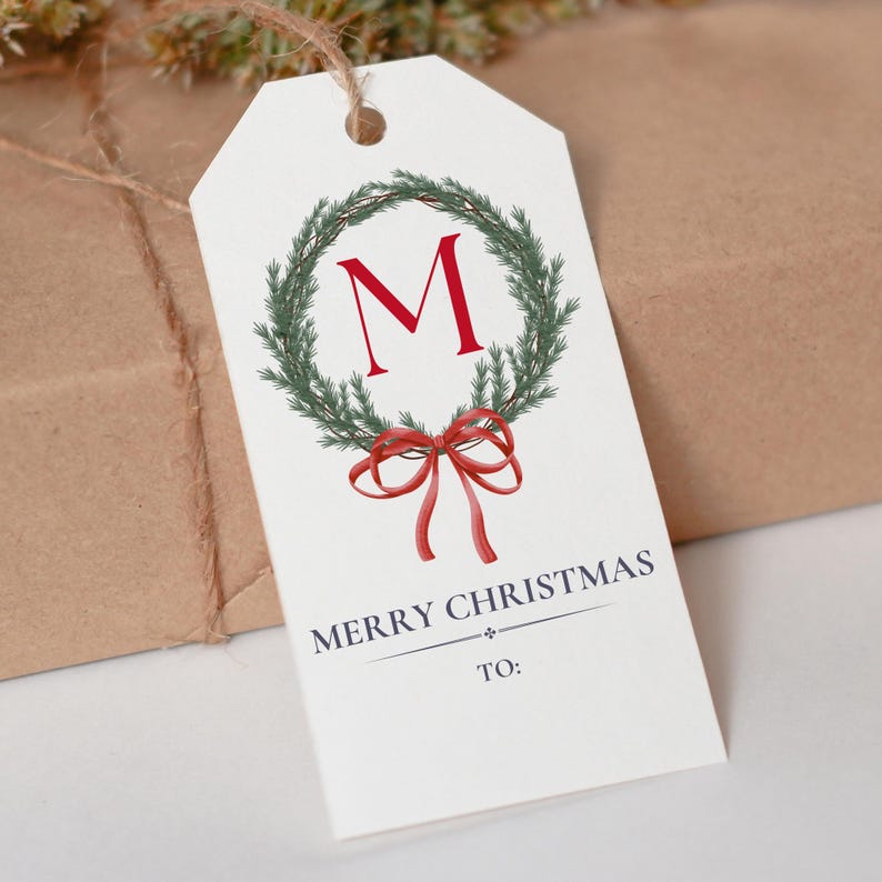 Printable Monogram Christmas Gift Tag, Letter M Printable Christmas Tag ...