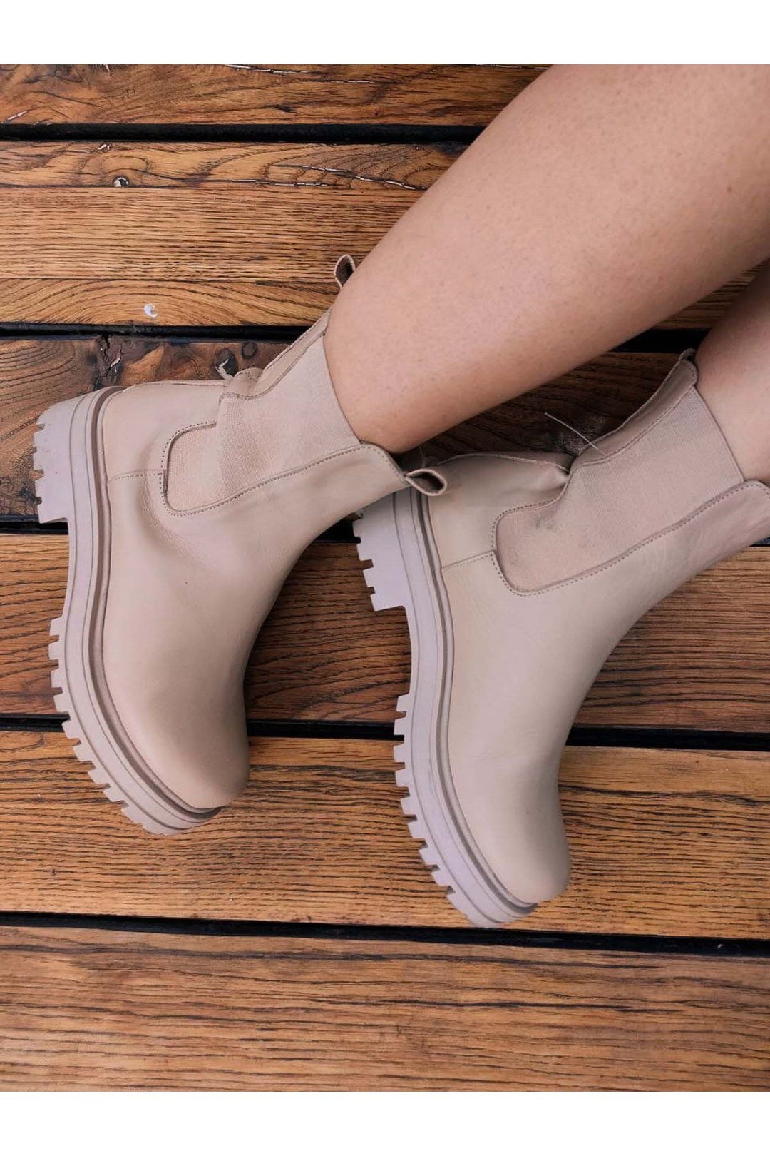 Leather Women Beige Ankle Boots, Women Shoes, Booties Flat Shoes ...