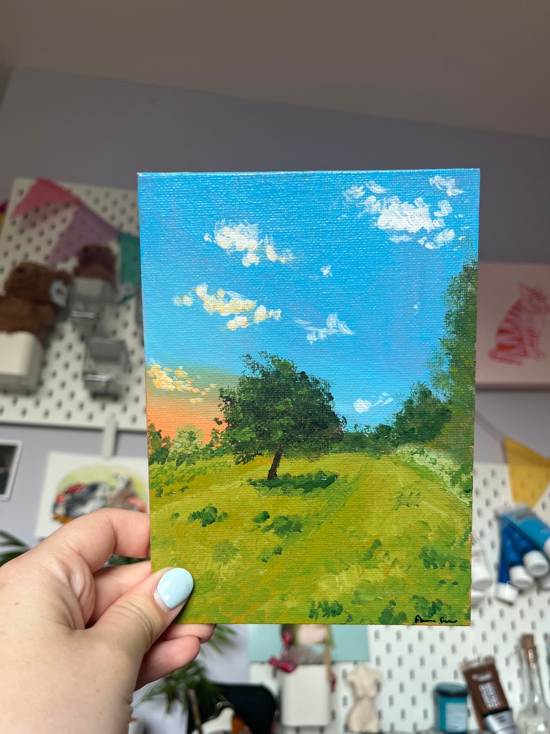 Original Acrylic Painting of a Sunset in a Field A5 / Cottage Core ...