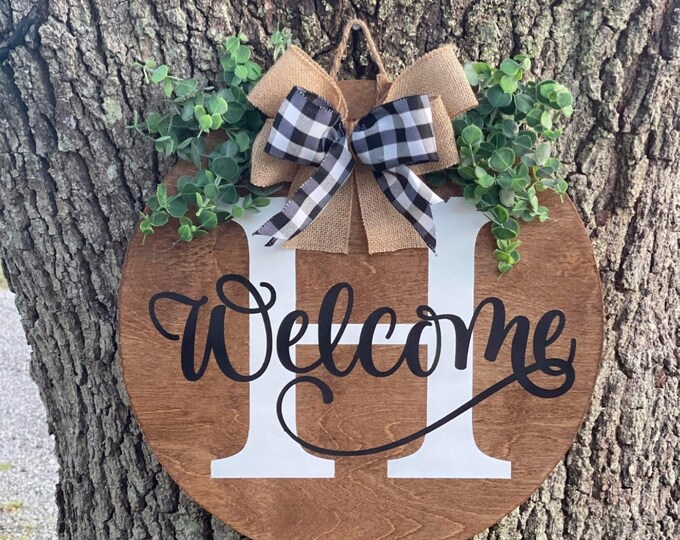 Initial Welcome Rustic Wood Door Sign Black and White - Etsy
