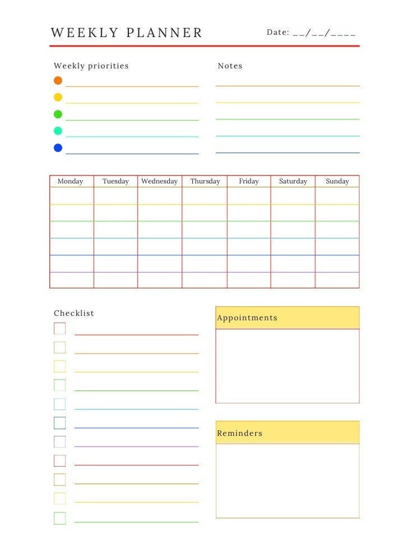 Rainbow Digital/printable Weekly Planner - Etsy