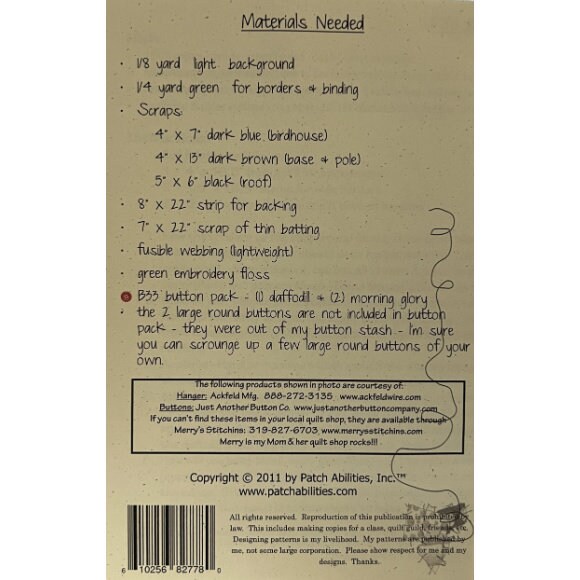 Patch Abilities Quilt Pattern Birdhouse Size 6 X 19 INCLUDES Birdhouse ...