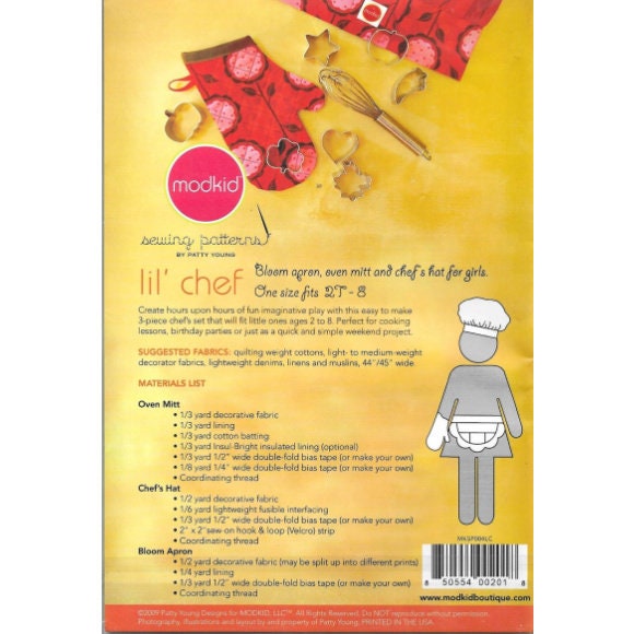 Modkid Pattern Lil' Chef Sewing Pattern for Girl's Bloom Apron, Chef ...