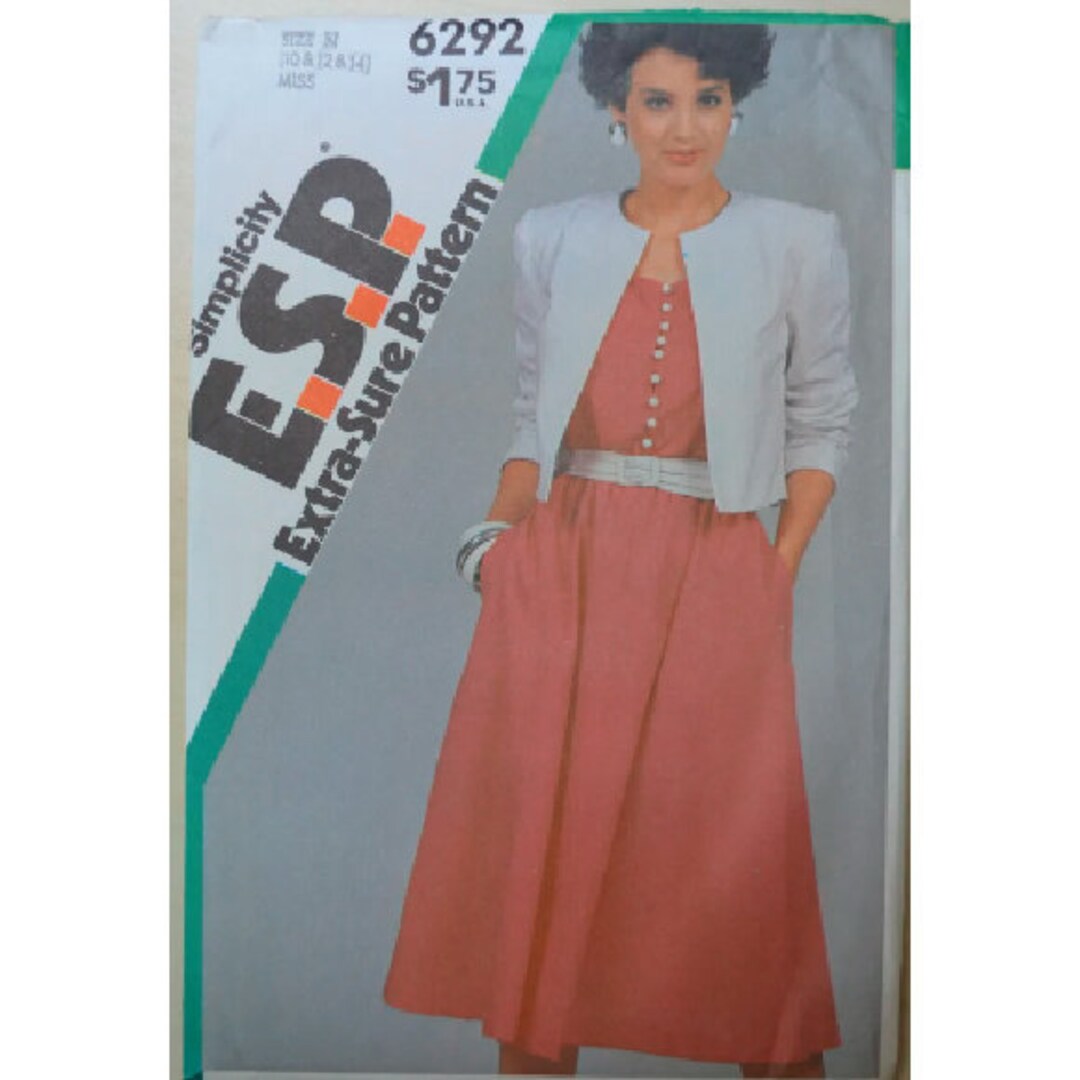 1983 Simplicity Sewing Pattern 6292: Pullover Dress, Jacket, Sash (size ...