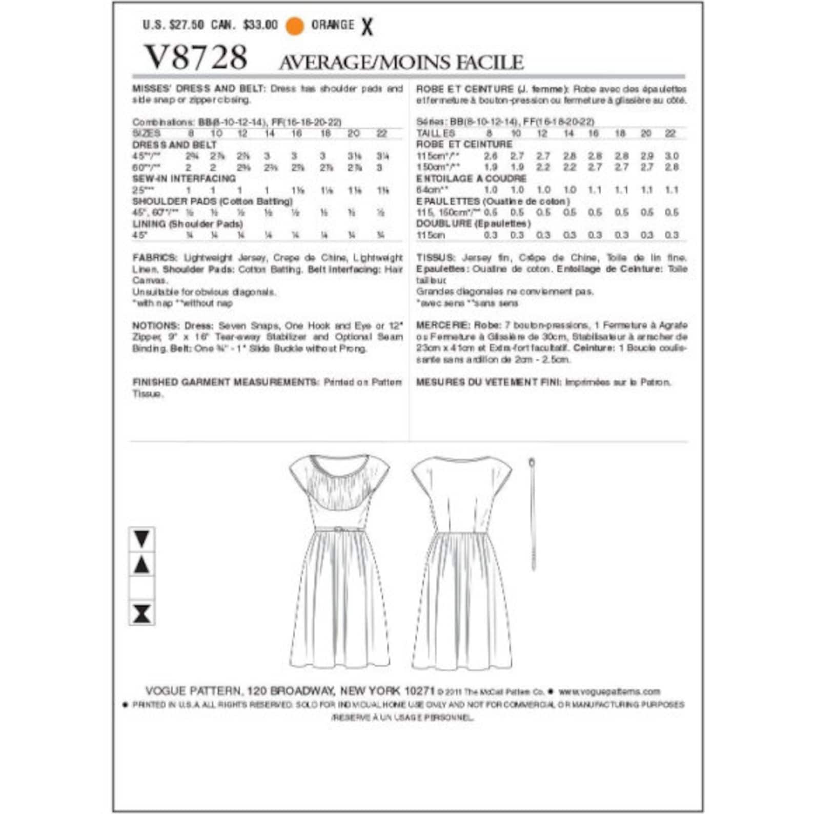 Vintage ©1946 Reproduction Vogue 8728 Dress & Belt - Size 8-10-12-14 - Etsy
