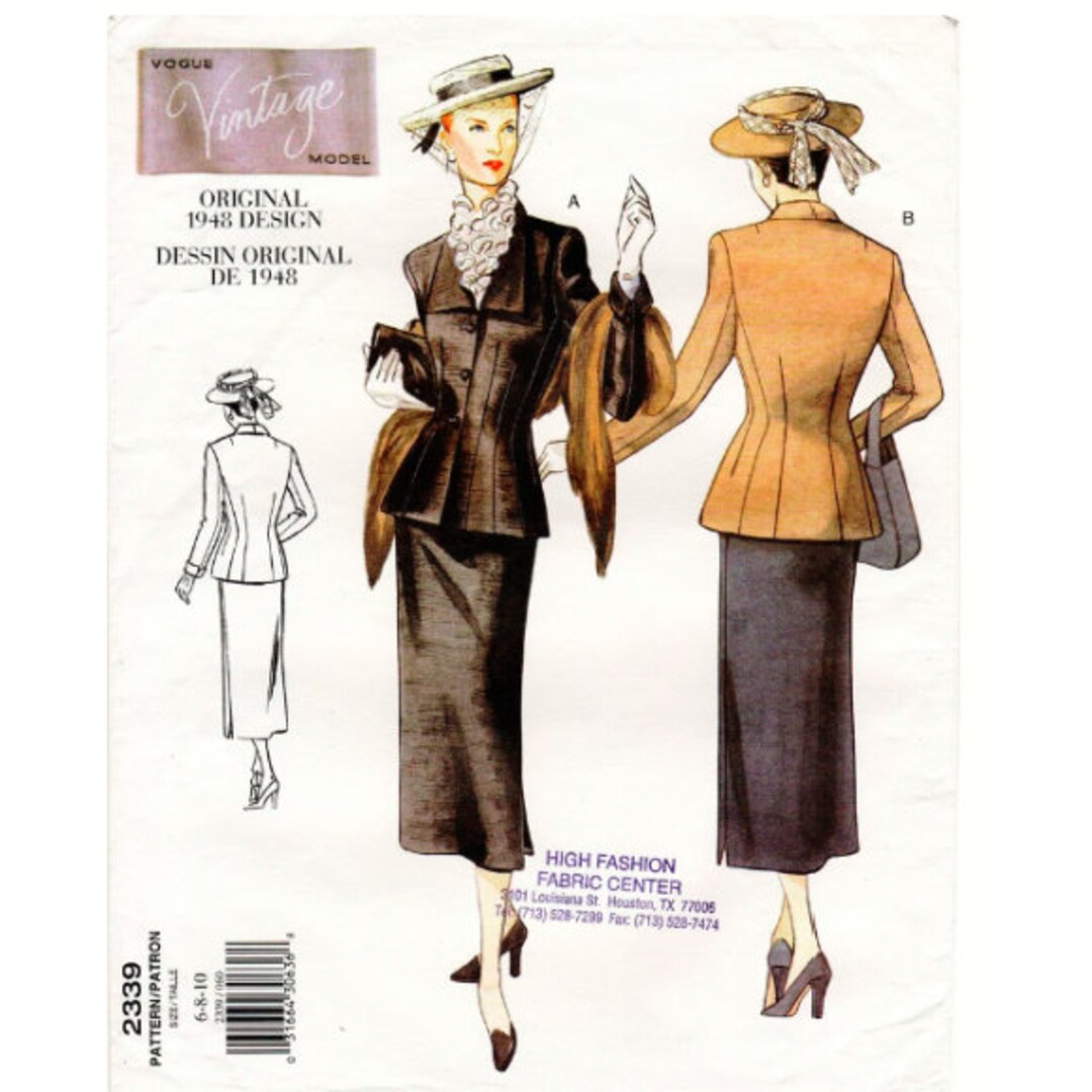 Vintage ©1948 Reproduction Vogue 2339 Couture Jacket & Skirt Suit ...