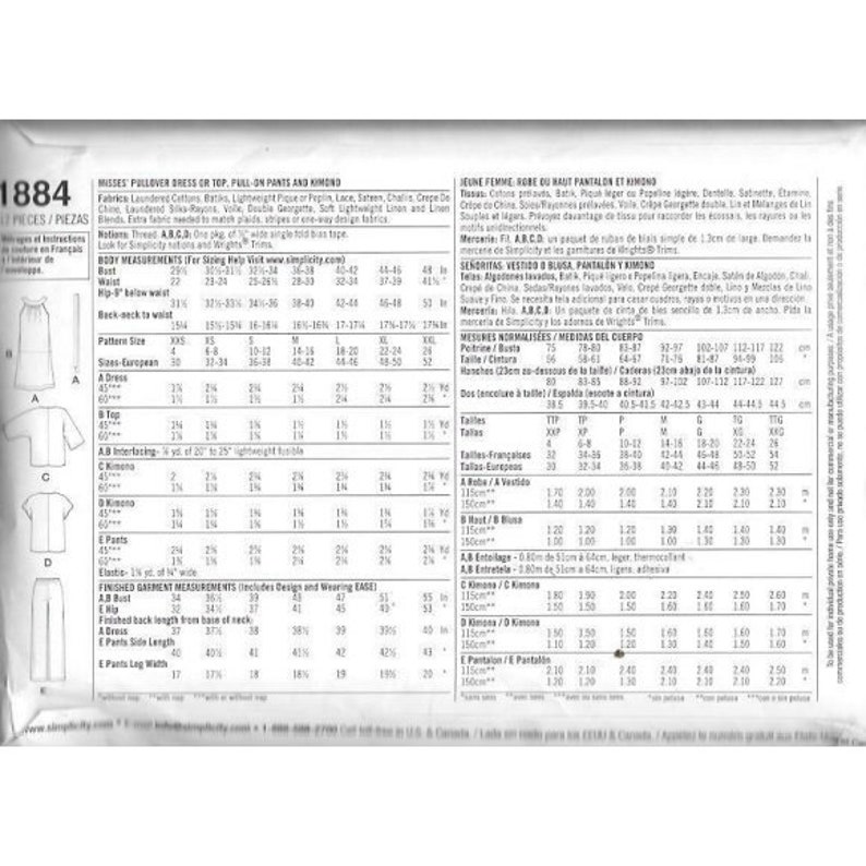 Simplicity 1884 Sewing Pattern Pullover Dress or Top, Pull-on Pants and ...