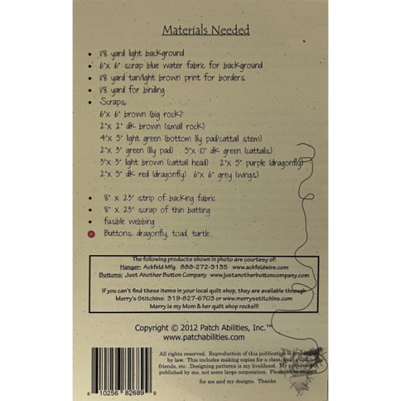 Patch Abilities Quilt Pattern - Pond Critters - Size - 6" X 21" With ...