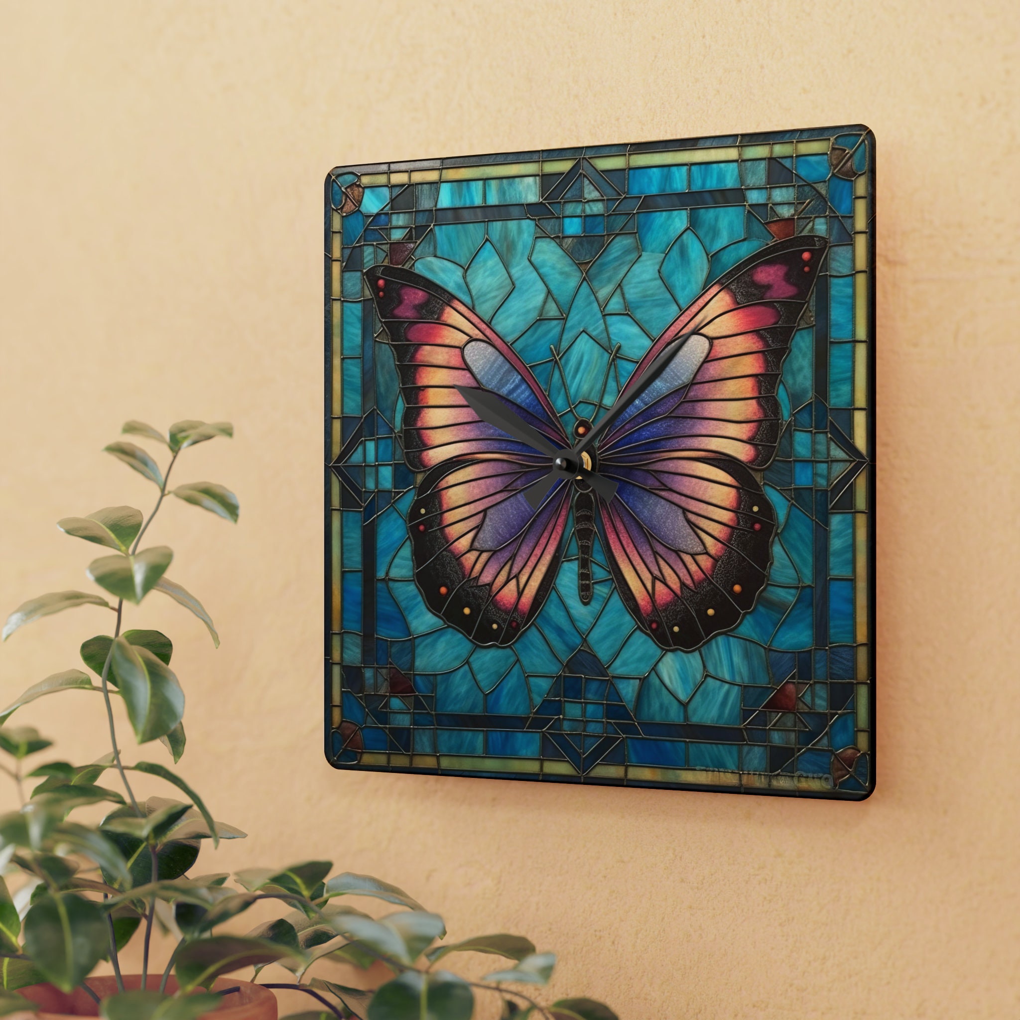 Custom Square Wall Clock, Stained Glass Butterfly Graphic Design ...