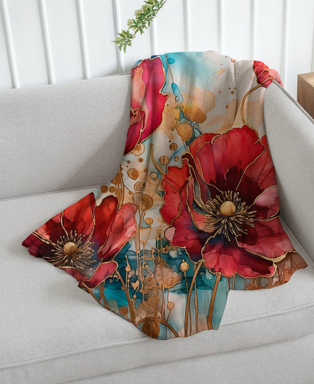 Custom Watercolor Red Poppies on Velveteen Plush Blanket, Two Sizes ...
