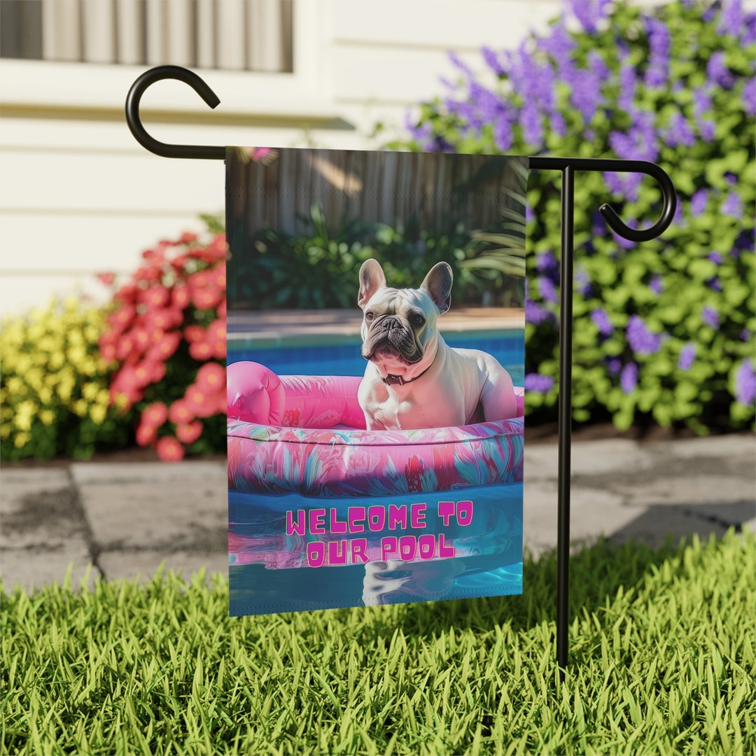 Welcome to Our Pool Yard Flag, French Bulldog on a Float Banner, Pool ...