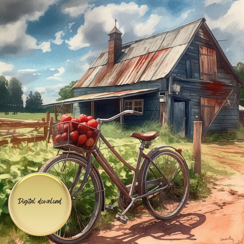 Watercolor Rustic Barn With Bicycle Digital Download Bundle - Etsy