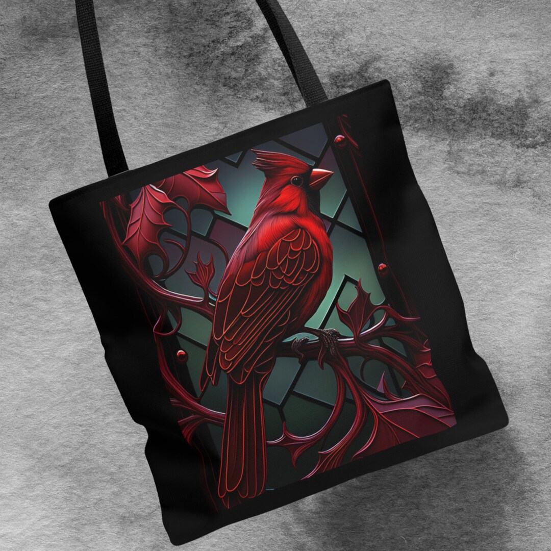 Stained Glass Cardinal Polyester Tote Bag, Laptop Bag, Grocery Bag ...