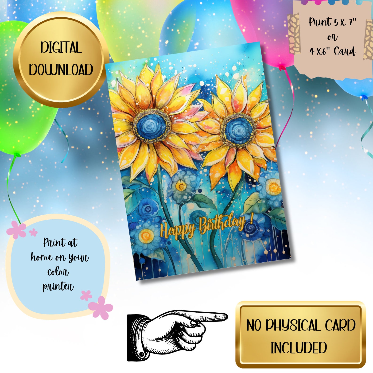 Print at Home Birthday Card Digital Download Printable DIY Happy Bday ...