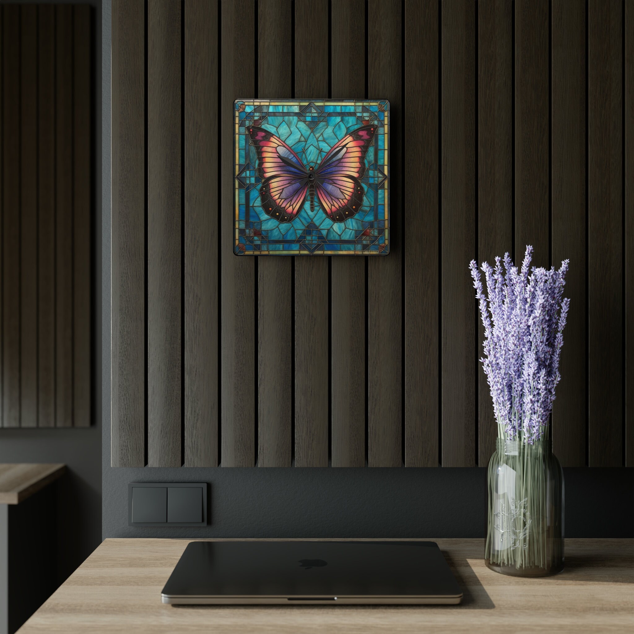 Custom Square Wall Clock, Stained Glass Butterfly Graphic Design ...