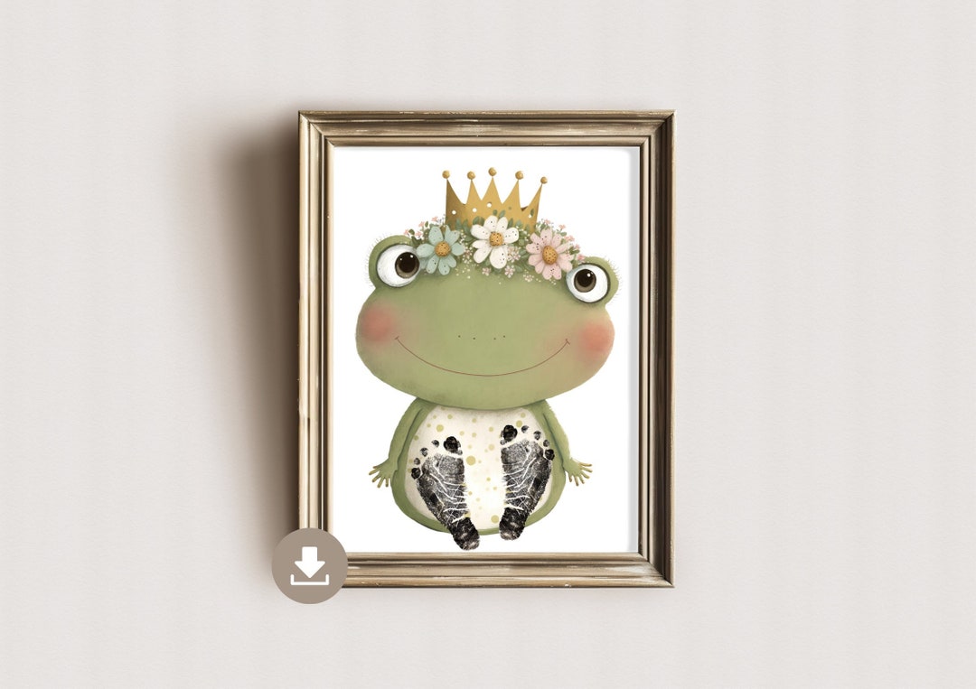Baby Footprint Picture Frog With Crown and Flower Decoration Handprints ...