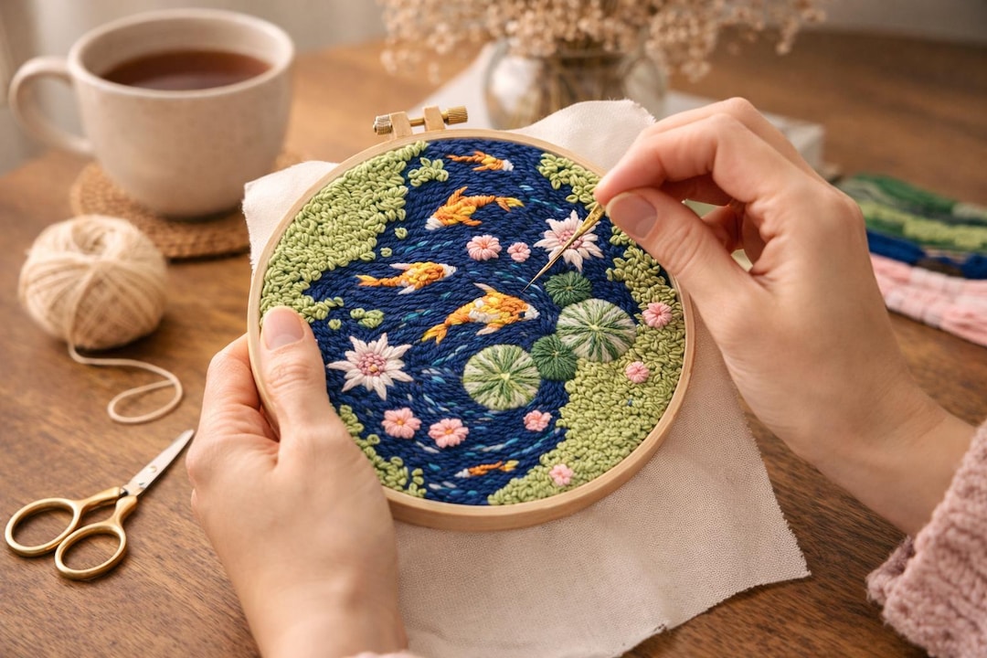 Lotus Pond Embroidery Kit – Beginner Floral Hoop Art, Punch Needle ...