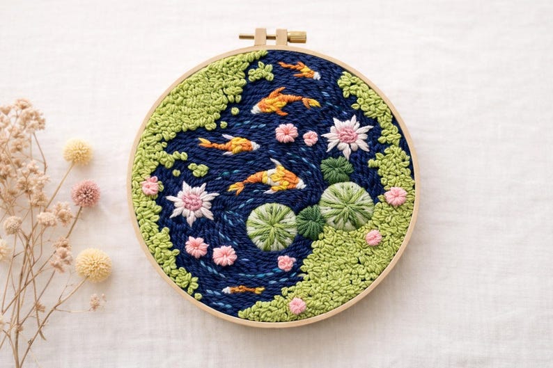 Lotus Pond Embroidery Kit – Beginner Floral Hoop Art, Punch Needle ...