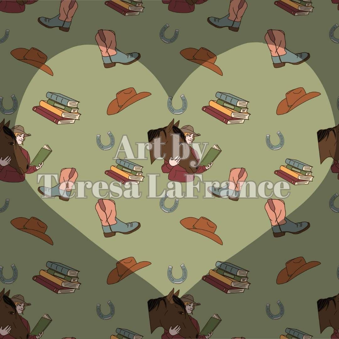 Reading Cowgirl Seamless Pattern: Hand Drawn Western Fabric (PNG ...
