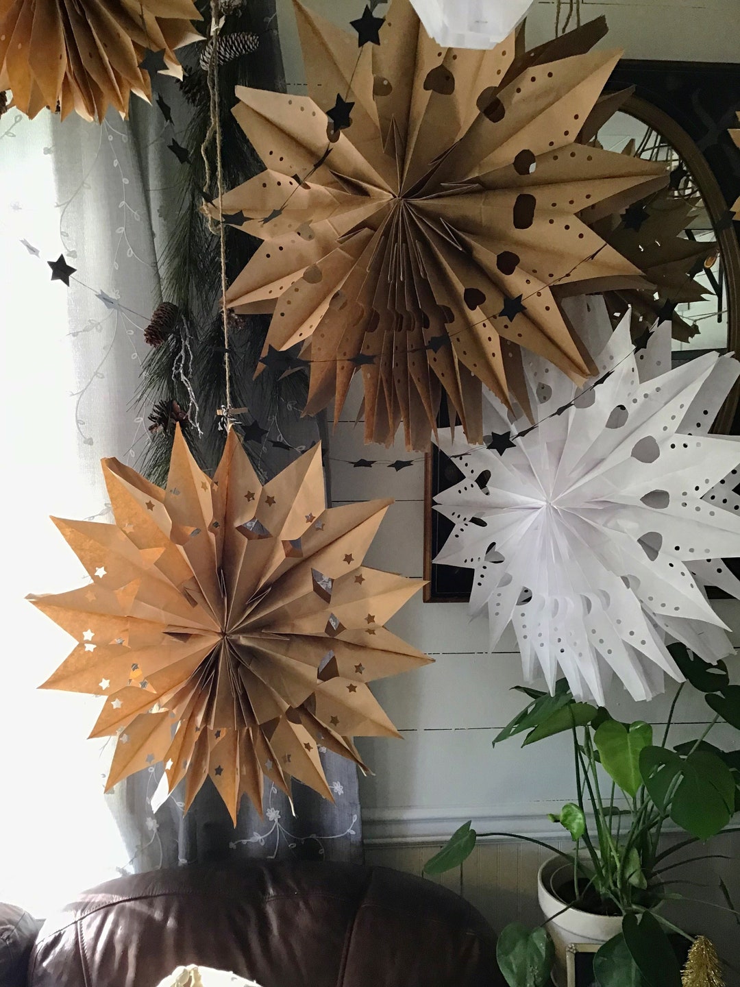 Paper Bag Stars | Set of Two | Large Paper Bag Snowflakes | Brown and ...
