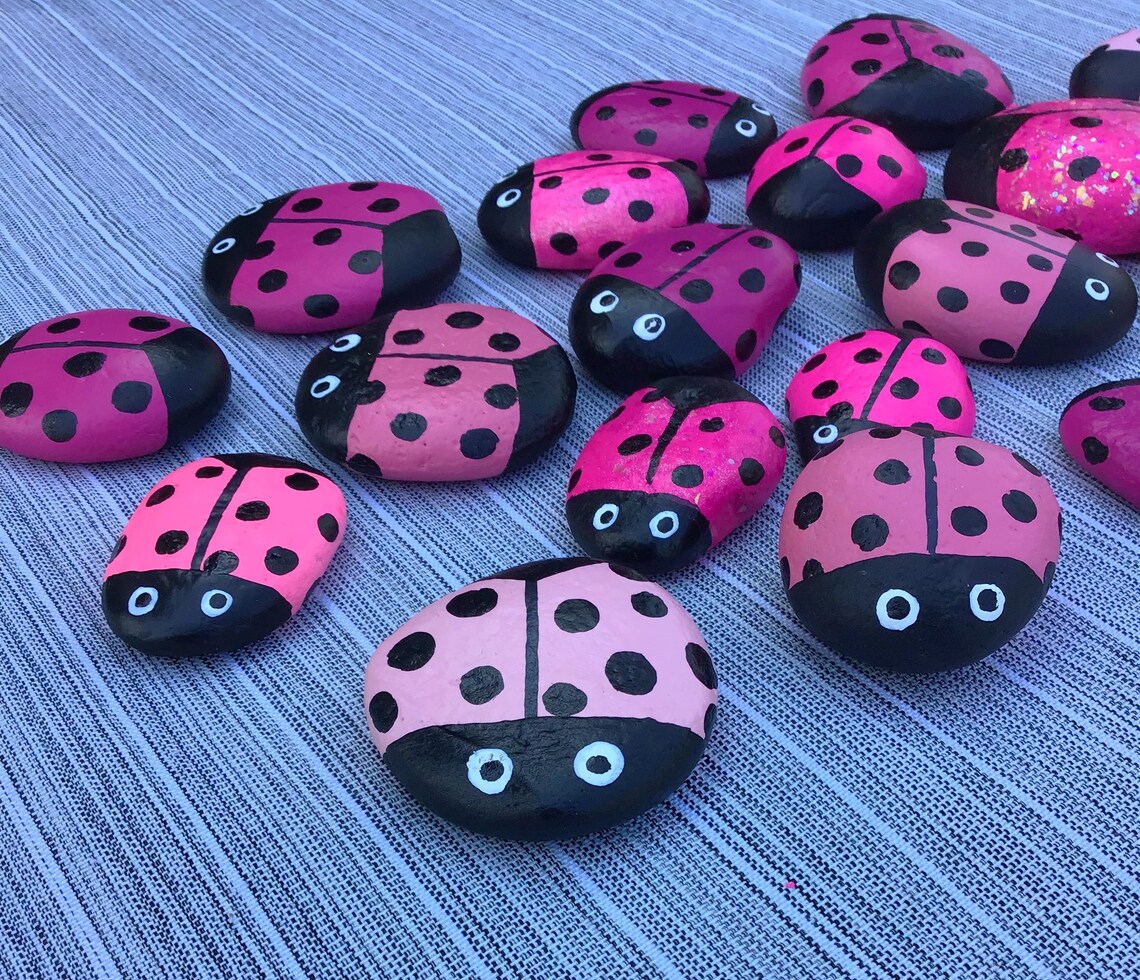 Ladybug Rocks | 18 Pink Ladybug Rocks | Beach Rocks | Hand Painted ...