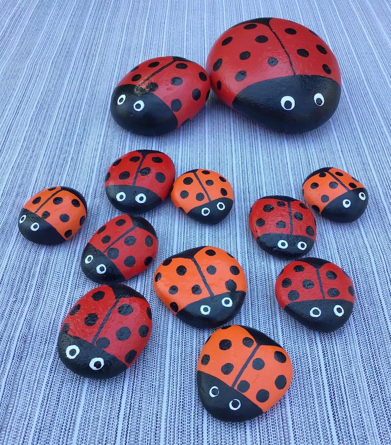 Ladybug Hand Painted Rocks | Set of 10 | Orange and Red Ladybug Rocks ...