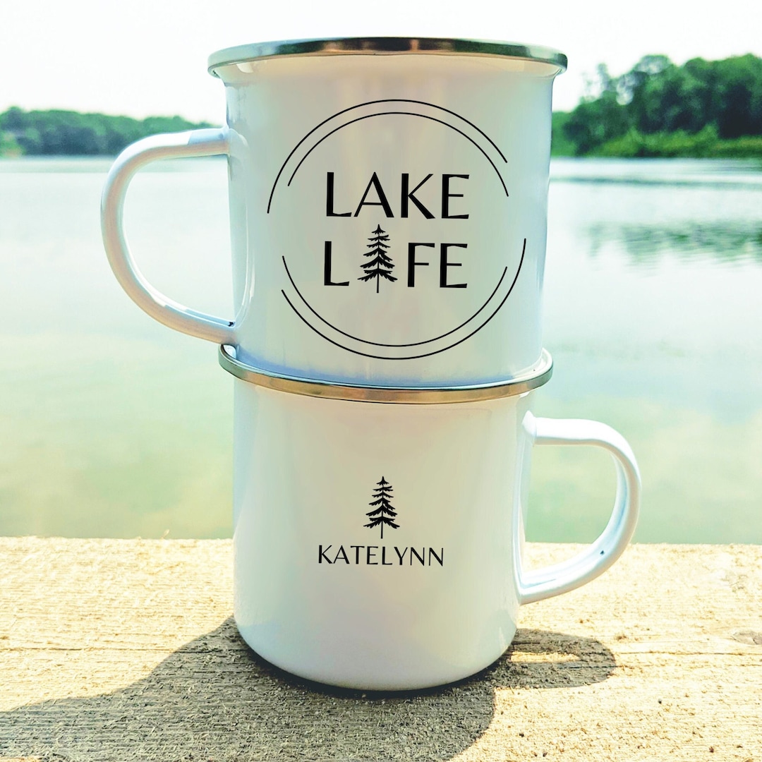 Personalized Lake Life Mug, Custom Couples Camping Mug, Enamel Campfire ...