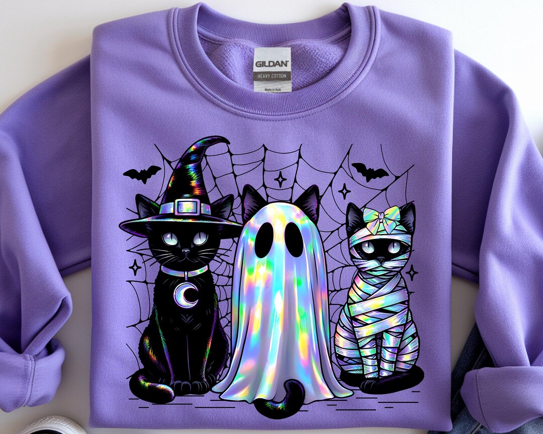 Cute Black Cat Halloween PNG, Holographic Halloween PNG, Cat Ghost PNG ...